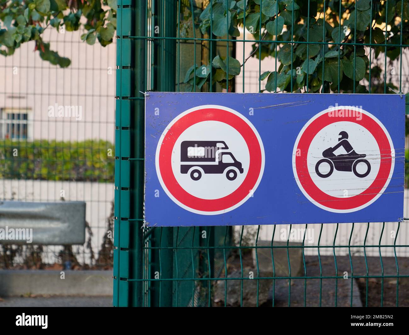 road sign entry and parking prohibited for motorbikes and motorhomes ...