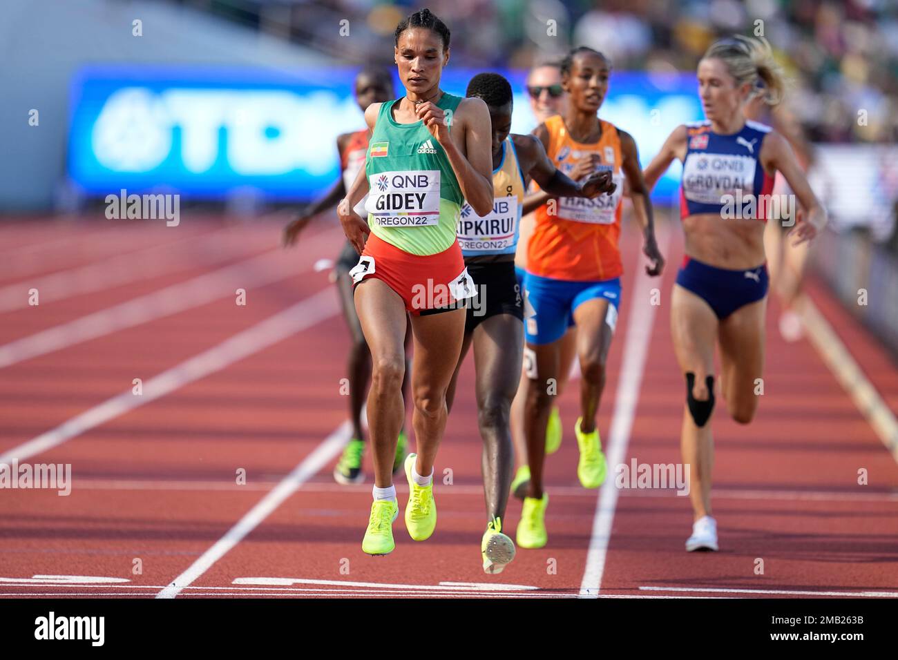 Letesenbet Gidey, of Ethiopia, wins during a heat in the women's 5000 ...
