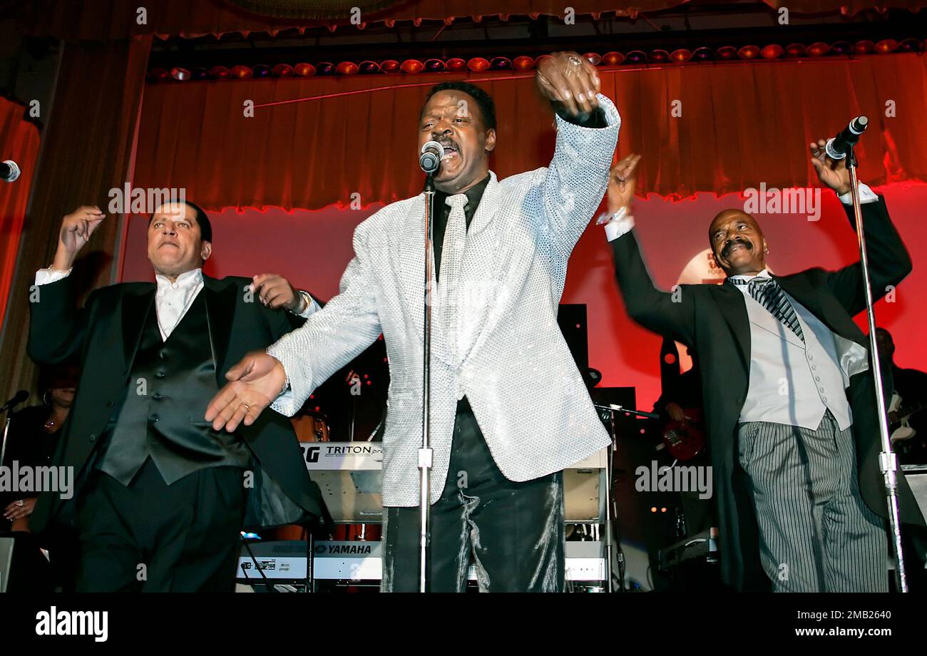 FILE - The Delfonics, from left, Randy Cain, William "Poogie" Hart, and ...