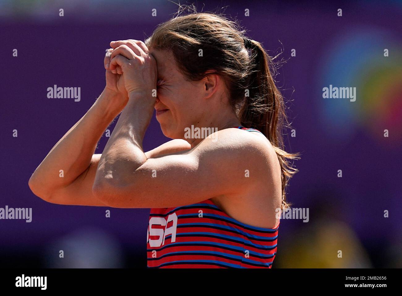 Ariana Ince, of the United States, reacts in a qualification for the ...