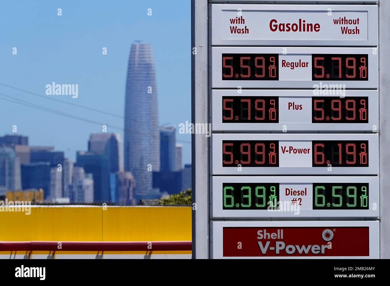 The Salesforce Tower and skyline are shown behind the gasoline price ...