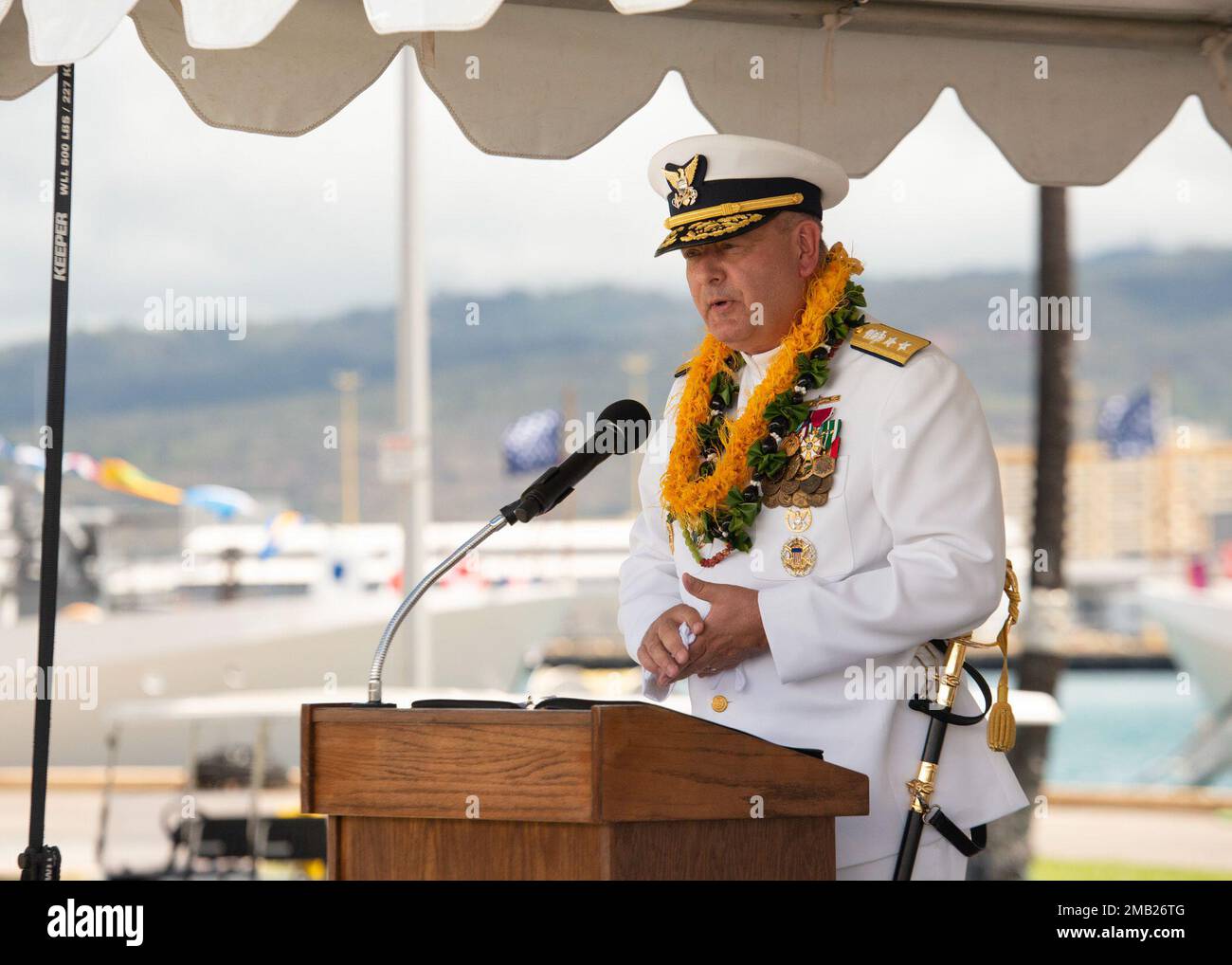 Rear Adm. Michael Day, commander, Coast Guard 14th District, speaks ...
