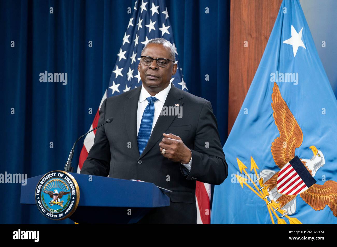 Secretary of Defense Lloyd Austin speaks during a media briefing at the ...