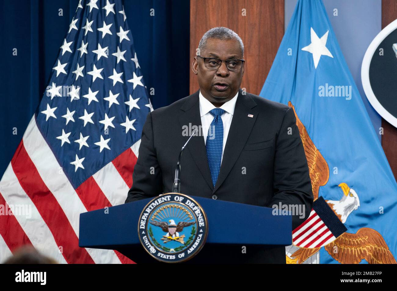 Secretary of Defense Lloyd Austin speaks during a media briefing at the ...