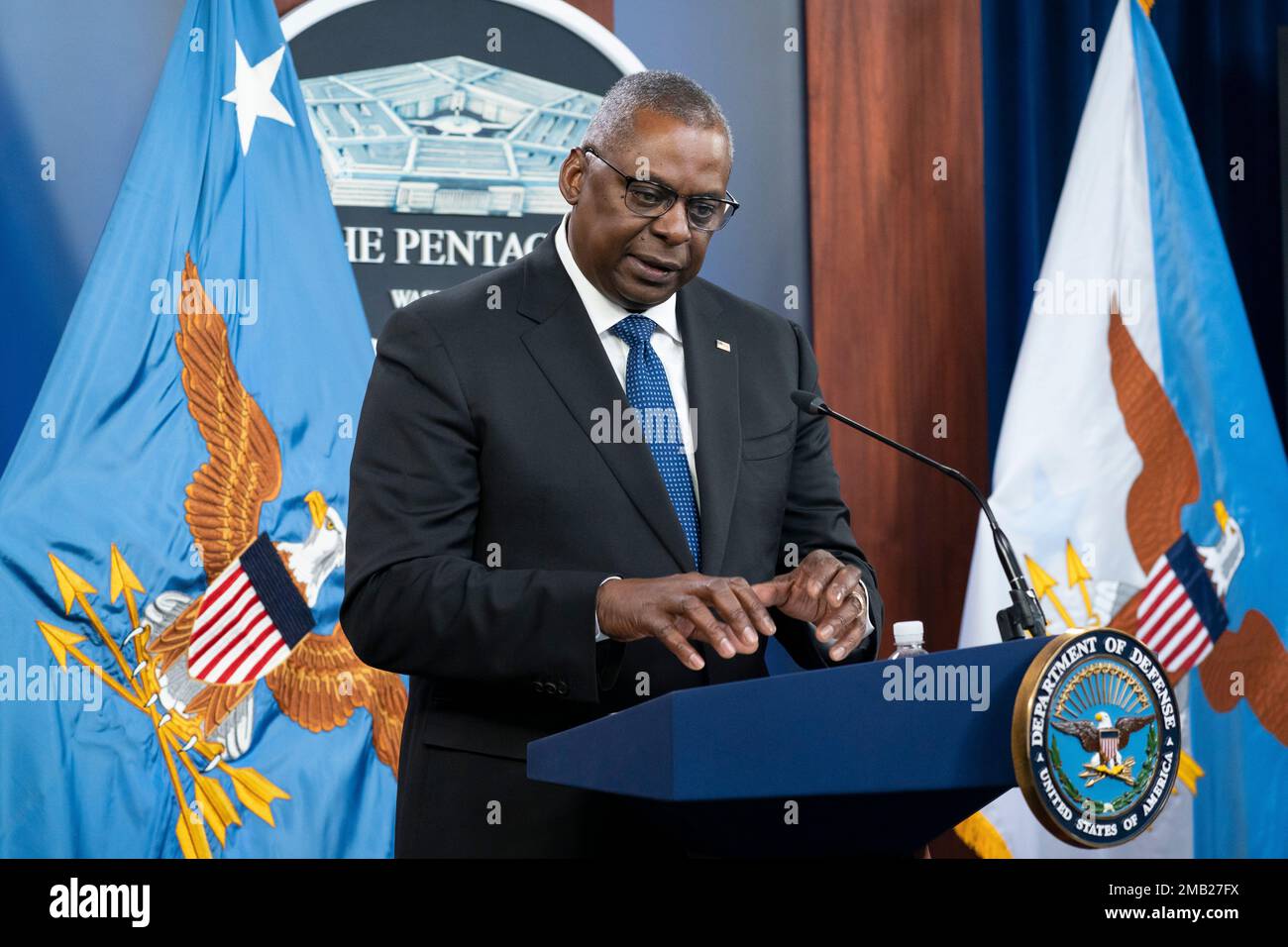Secretary of Defense Lloyd Austin speaks during a media briefing at the ...