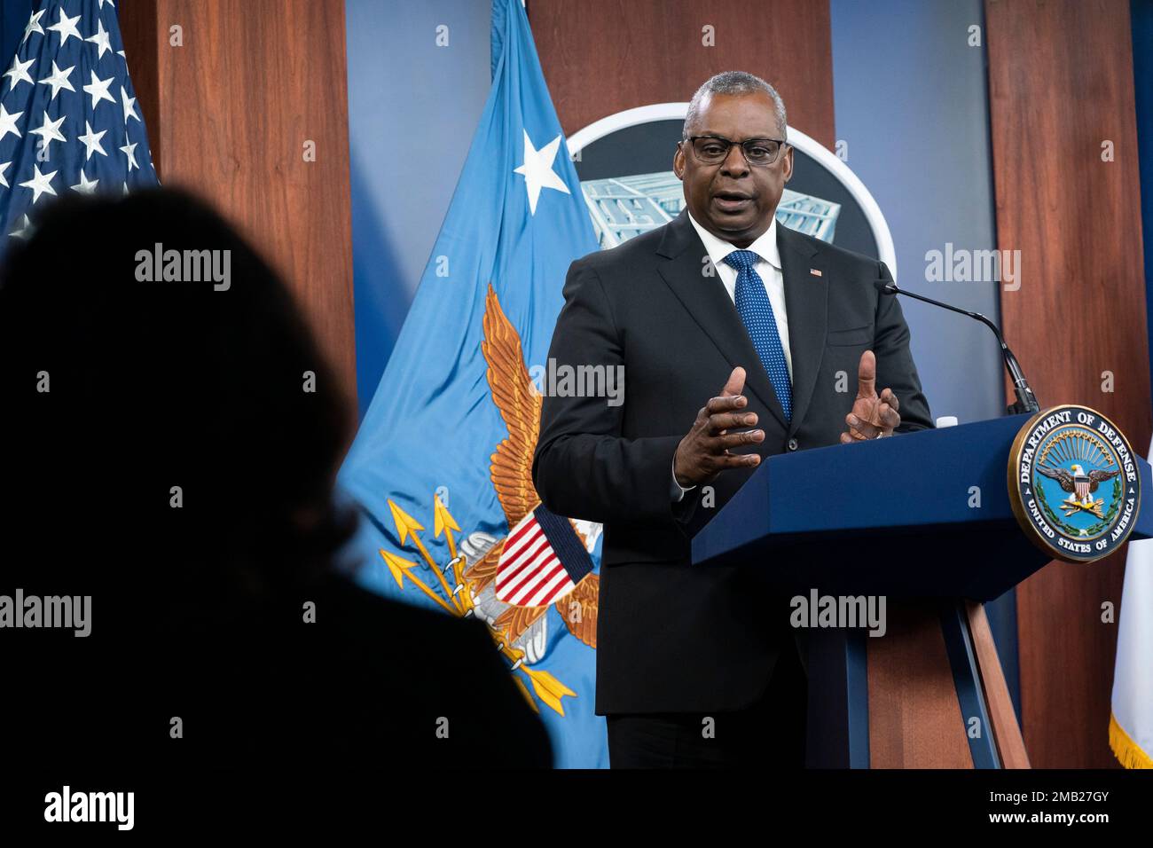 Secretary of Defense Lloyd Austin speaks during a media briefing at the ...