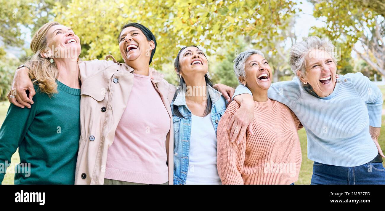 Senior people, laughing and bonding in comic joke or funny meme in ...