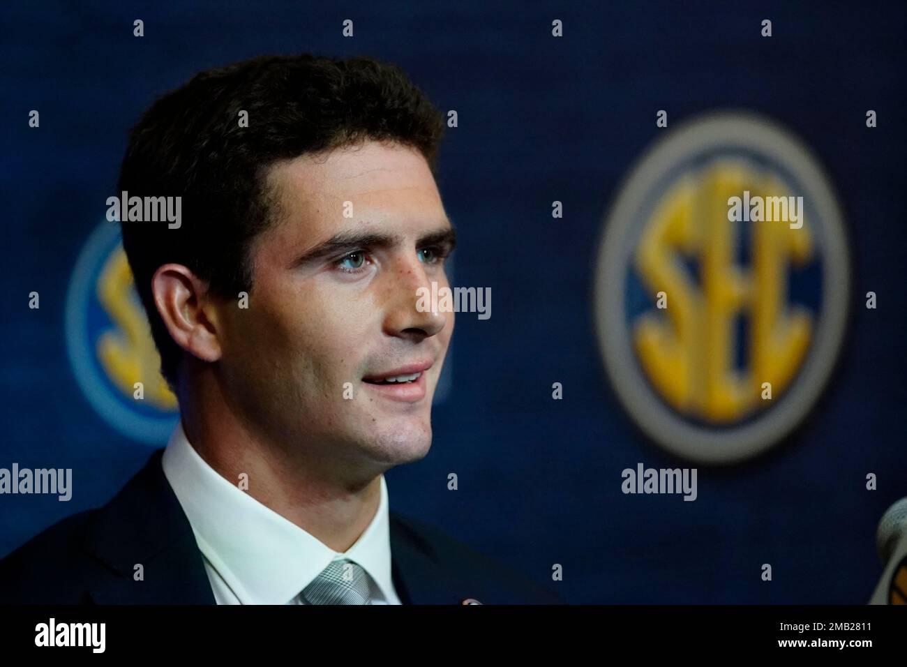 Georgia quarterback Stetson Bennett speaks during NCAA college football ...