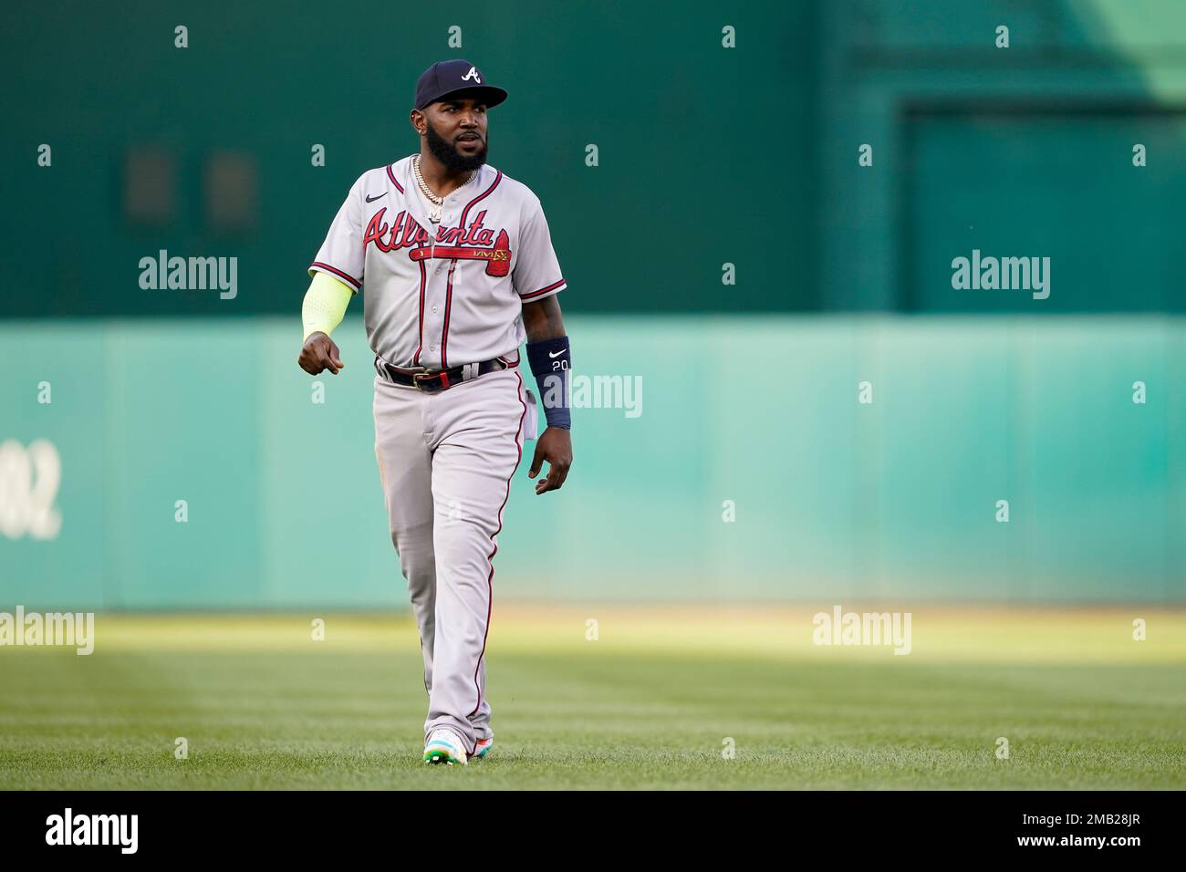 Atlanta Braves' Marcell Ozuna warms up before a baseball game against ...