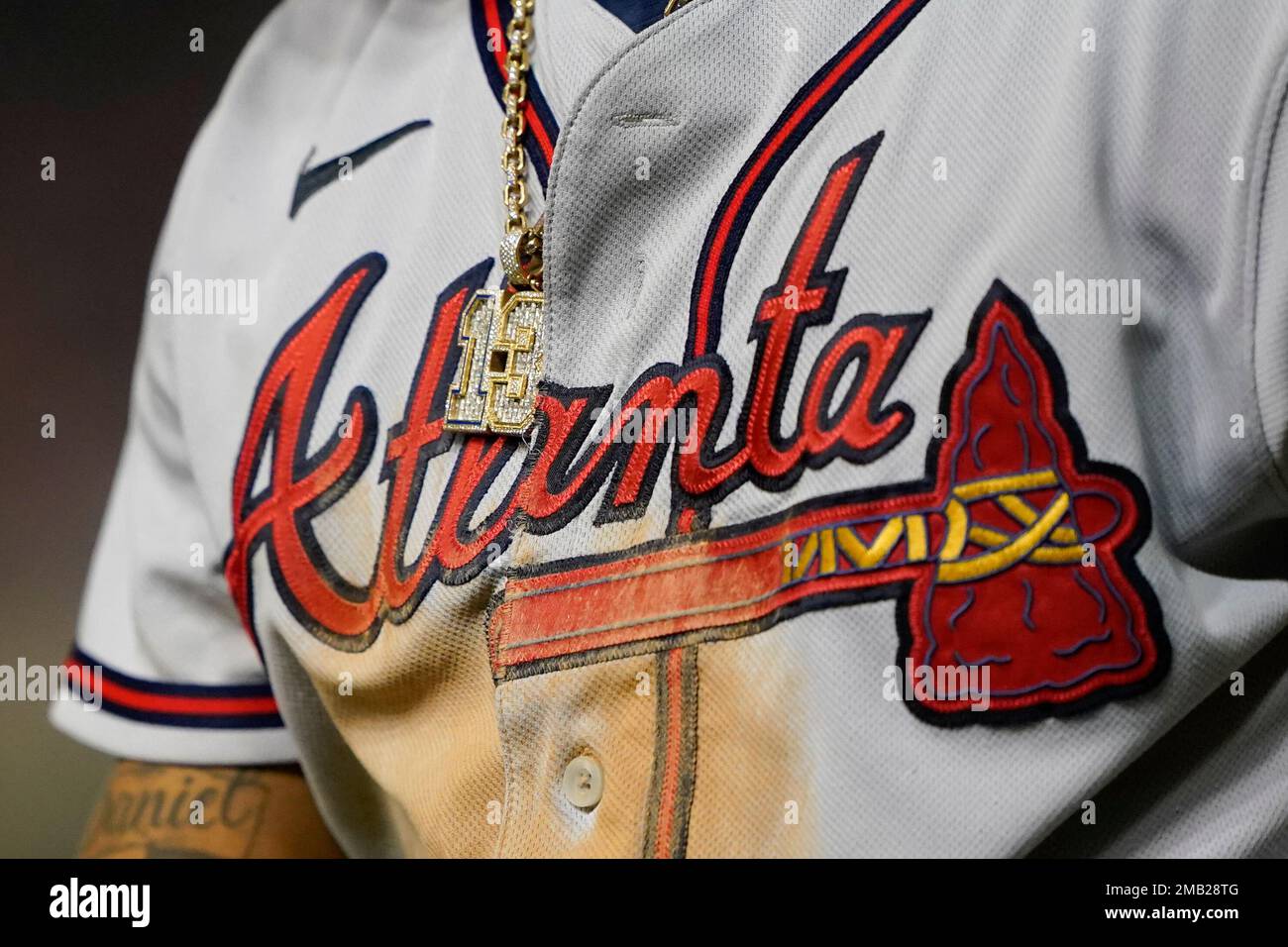 Atlanta Braves' Ronald Acuna Jr. wears a necklace during a baseball ...