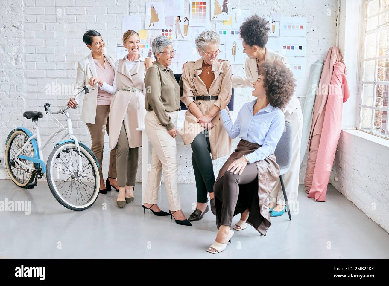 Fashion, designer and teamwork of women laughing at funny joke, comedy ...