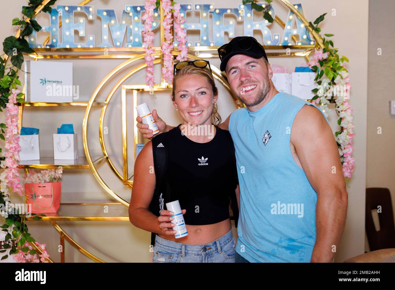 Mikaela Shiffrin, left and Alex Aamodt Kilde attend the Backstage ...