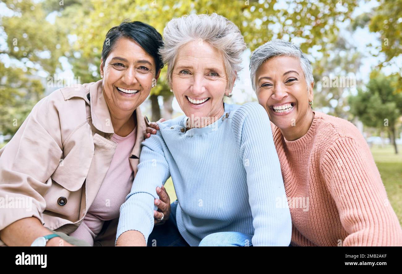 Retirement, friends or bonding portrait on profile picture, social ...