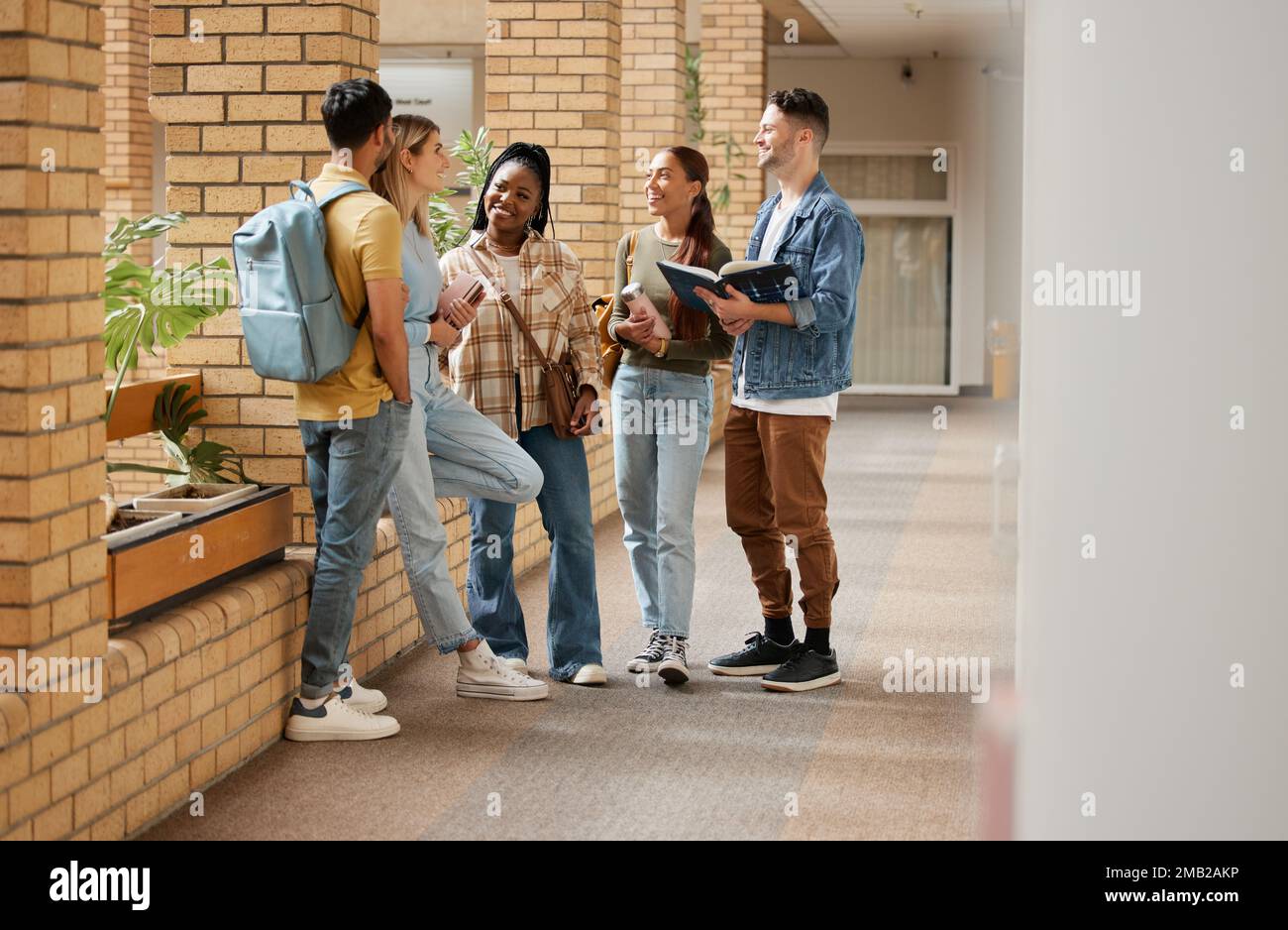 Learning, friends and college with students talking on campus with ...