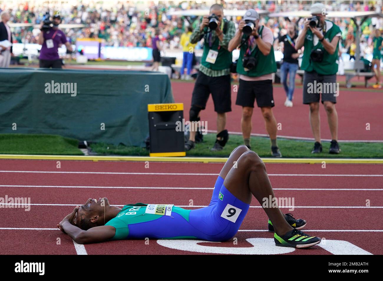 Alison Dos Santos, of Brazil, reacts after winning the men's 400-meter ...