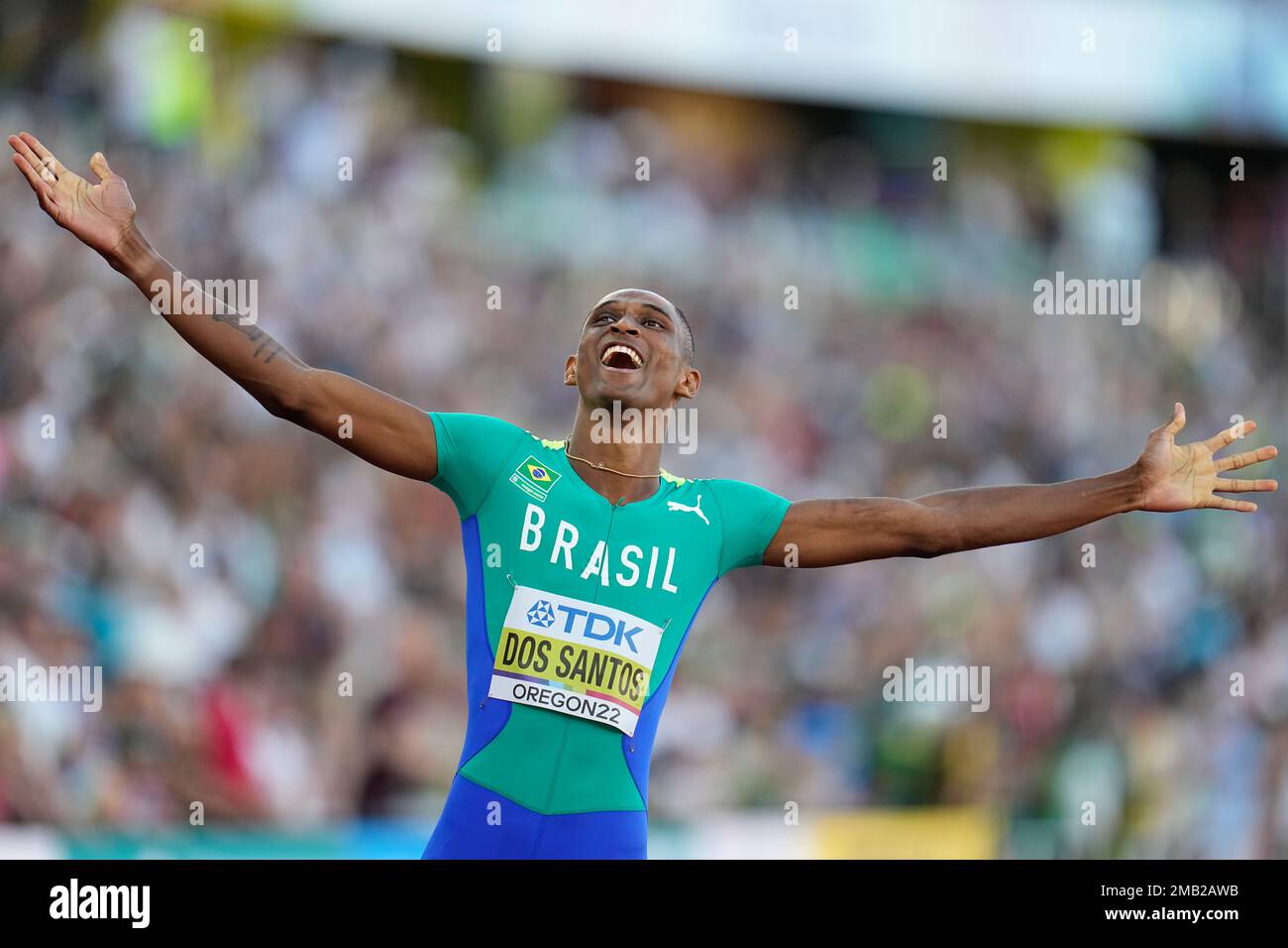 Alison Dos Santos, of Brazil, reacts after winning the men's 400-meter ...