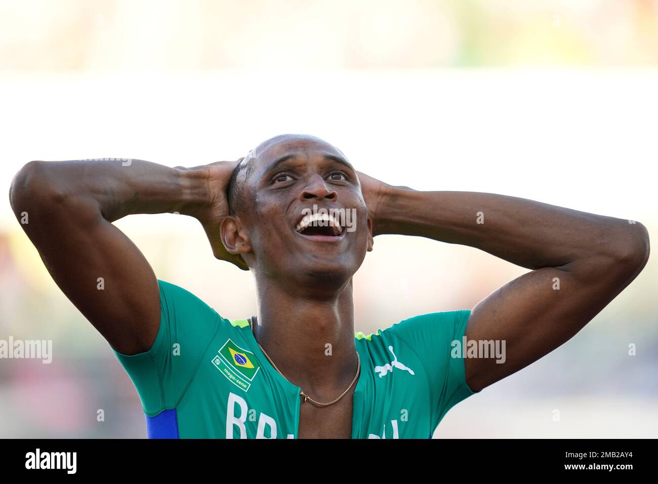 Alison Dos Santos, of Brazil, reacts after winning the men's 400-meter ...