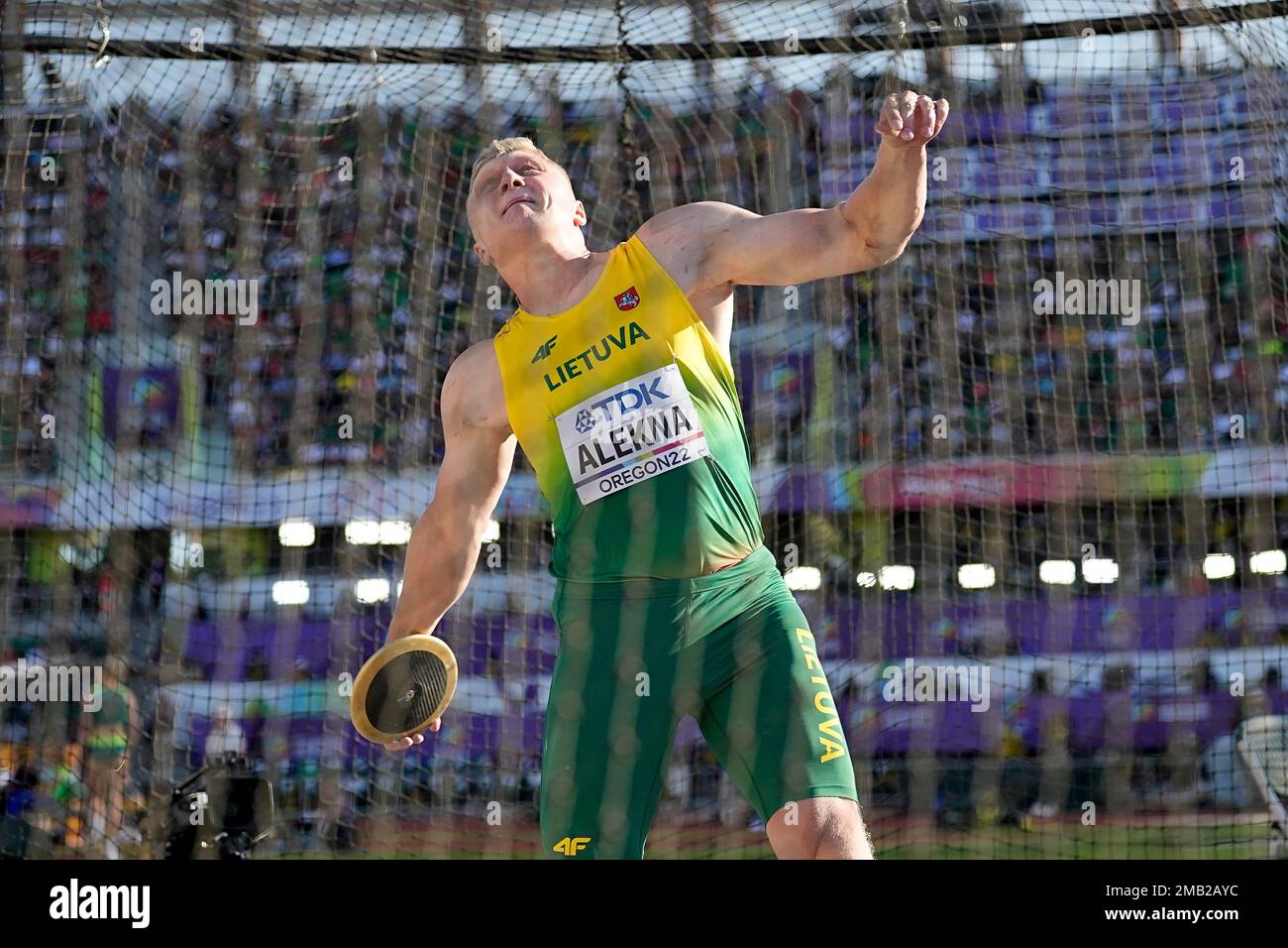 Mykolas Alekna, of Lithuania, competes during the final of the men's ...