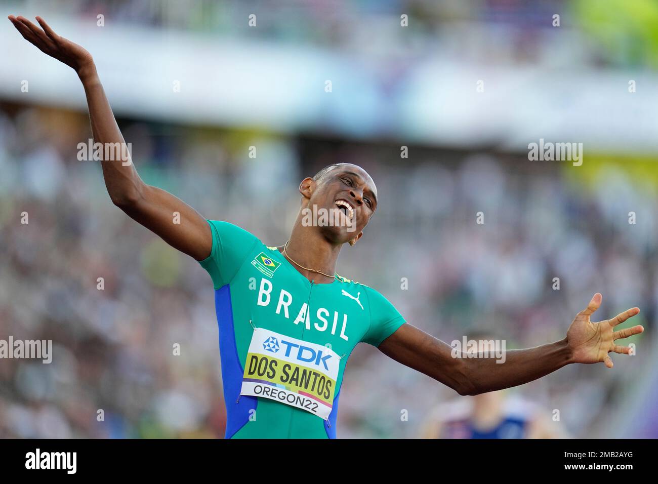 Alison Dos Santos, of Brazil, reacts after winning the men's 400-meter ...