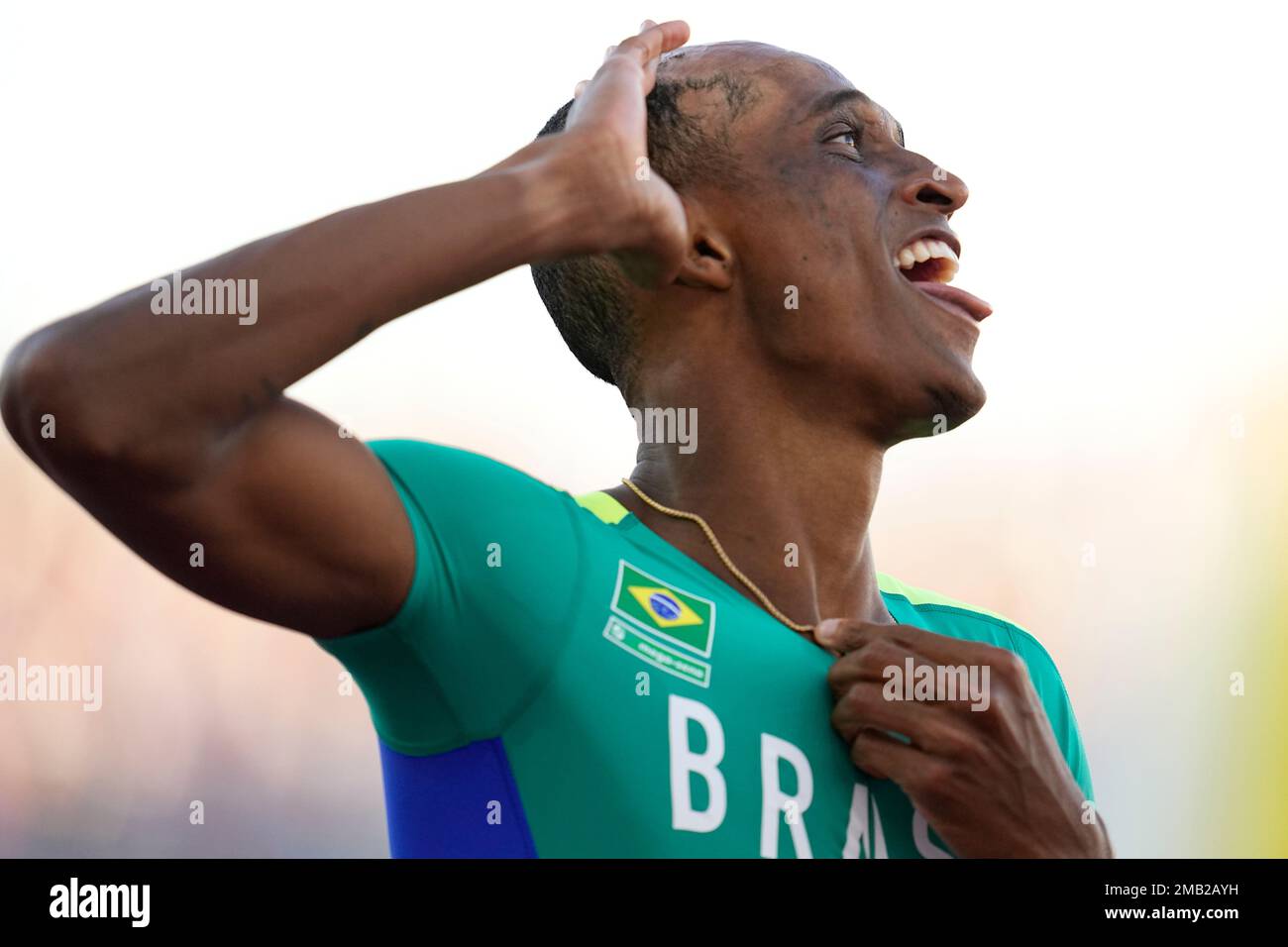 Alison Dos Santos, of Brazil, reacts after winning the men's 400-meter ...
