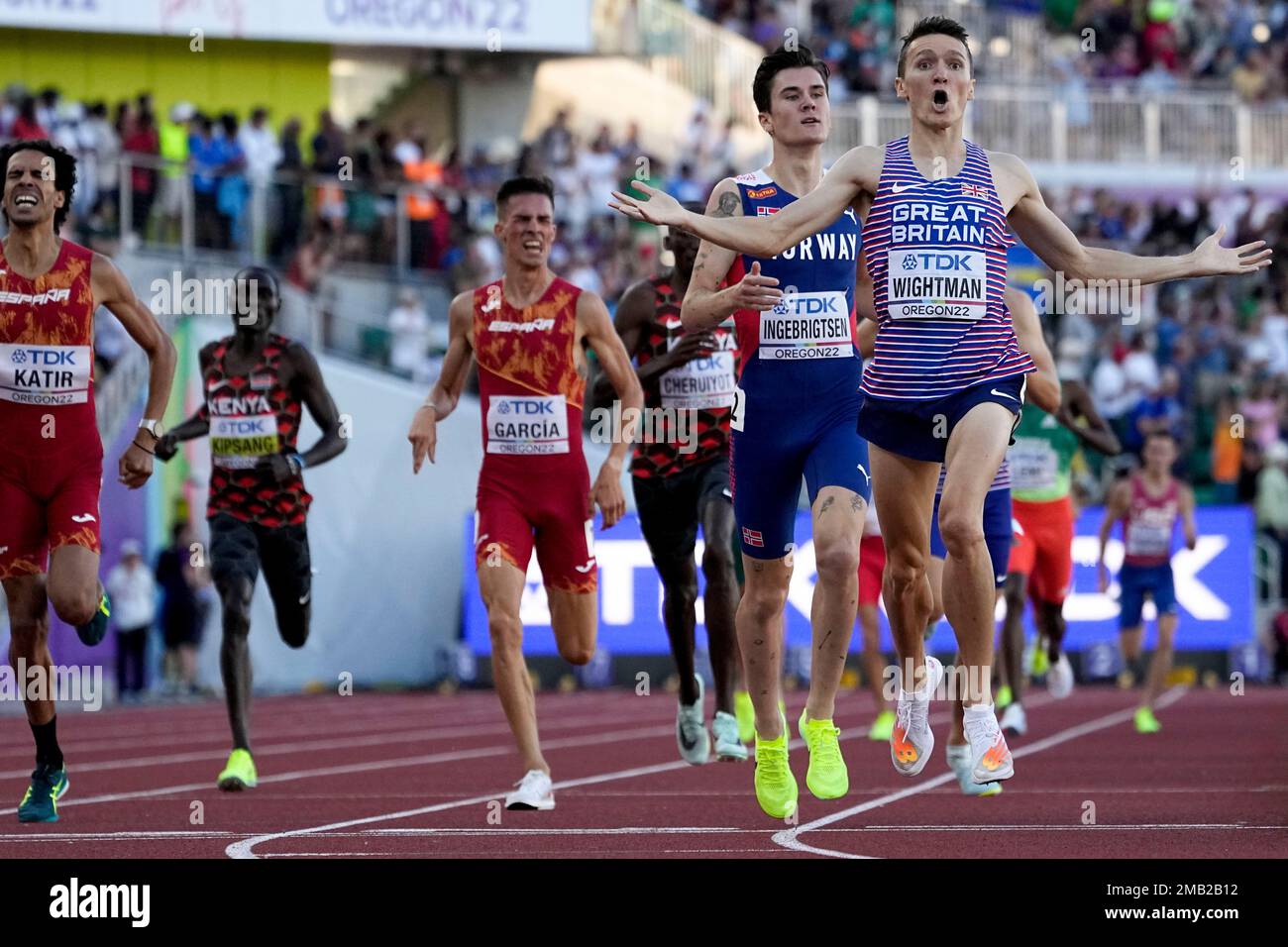 Jake Wightman, of Britain, wins the men's 1500-meter final run at the ...