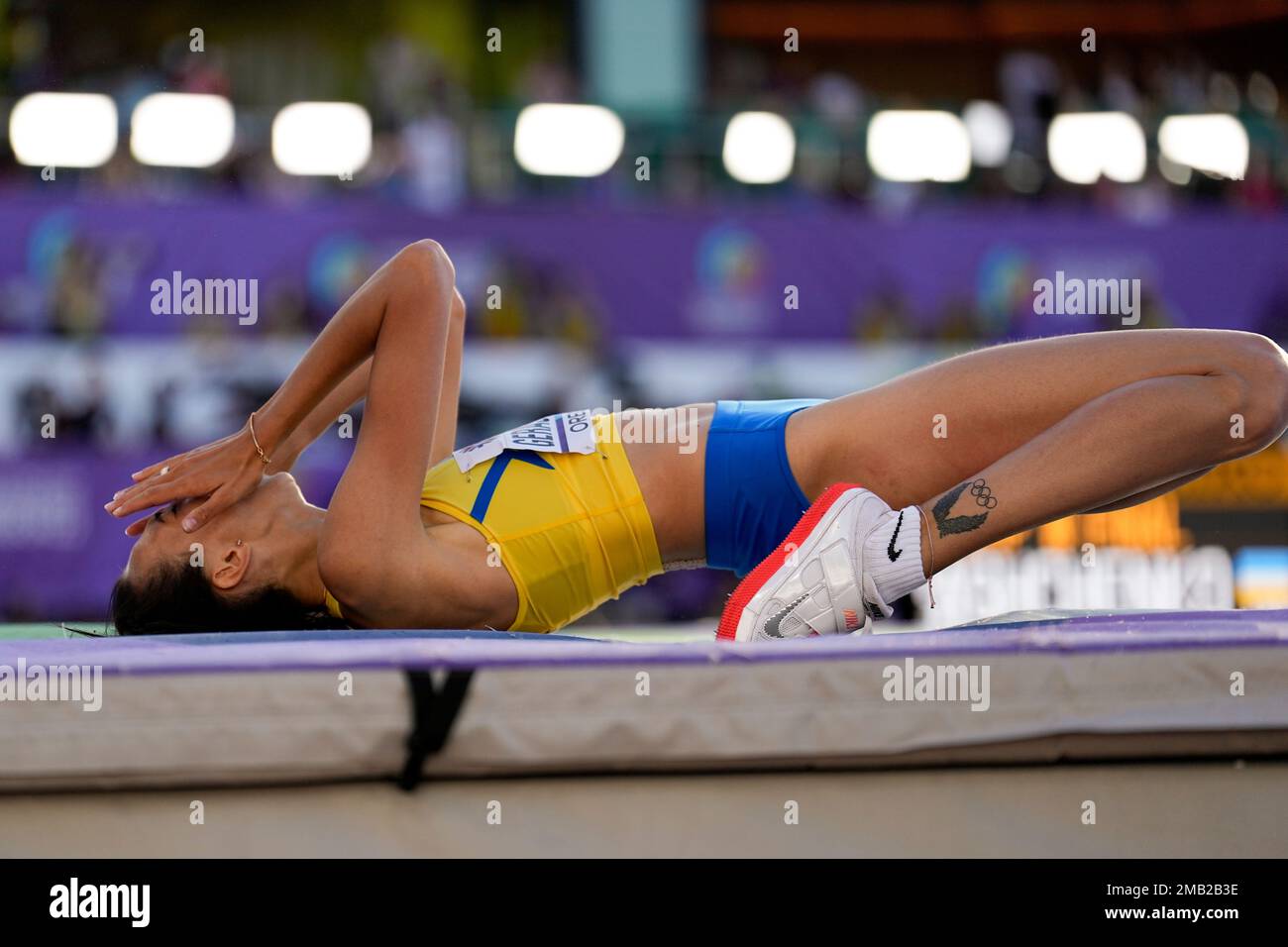 Iryna Gerashchenko, of Ukraine, reacts during the women's high jump ...