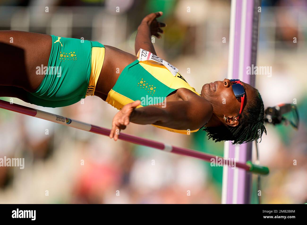 Kimberly Williamson, of Jamaica, competes during the women's high jump ...