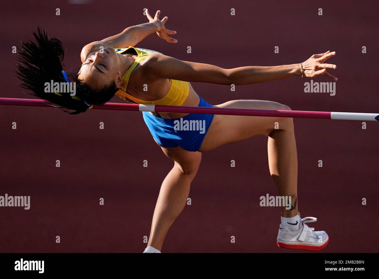 Iryna Gerashchenko, of Ukraine, competes during the women's high jump ...
