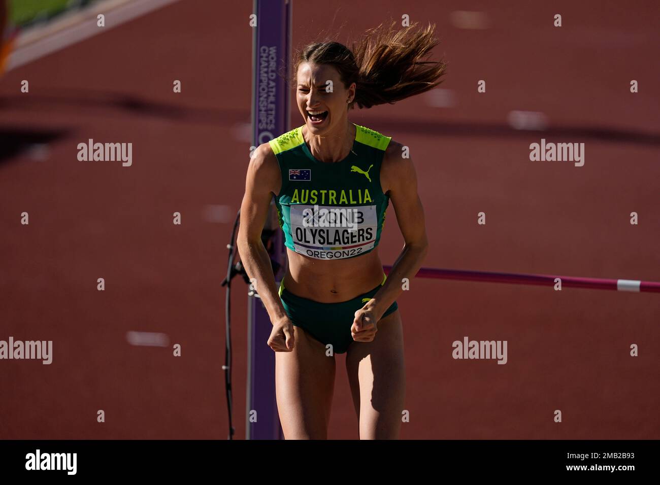 Nicola Olyslagers, of Australia, competes during the women's high jump ...
