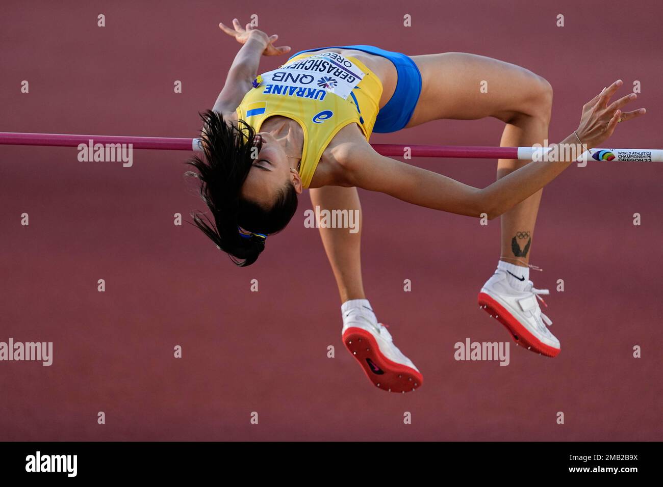Iryna Gerashchenko, of Ukraine, competes during the women's high jump ...