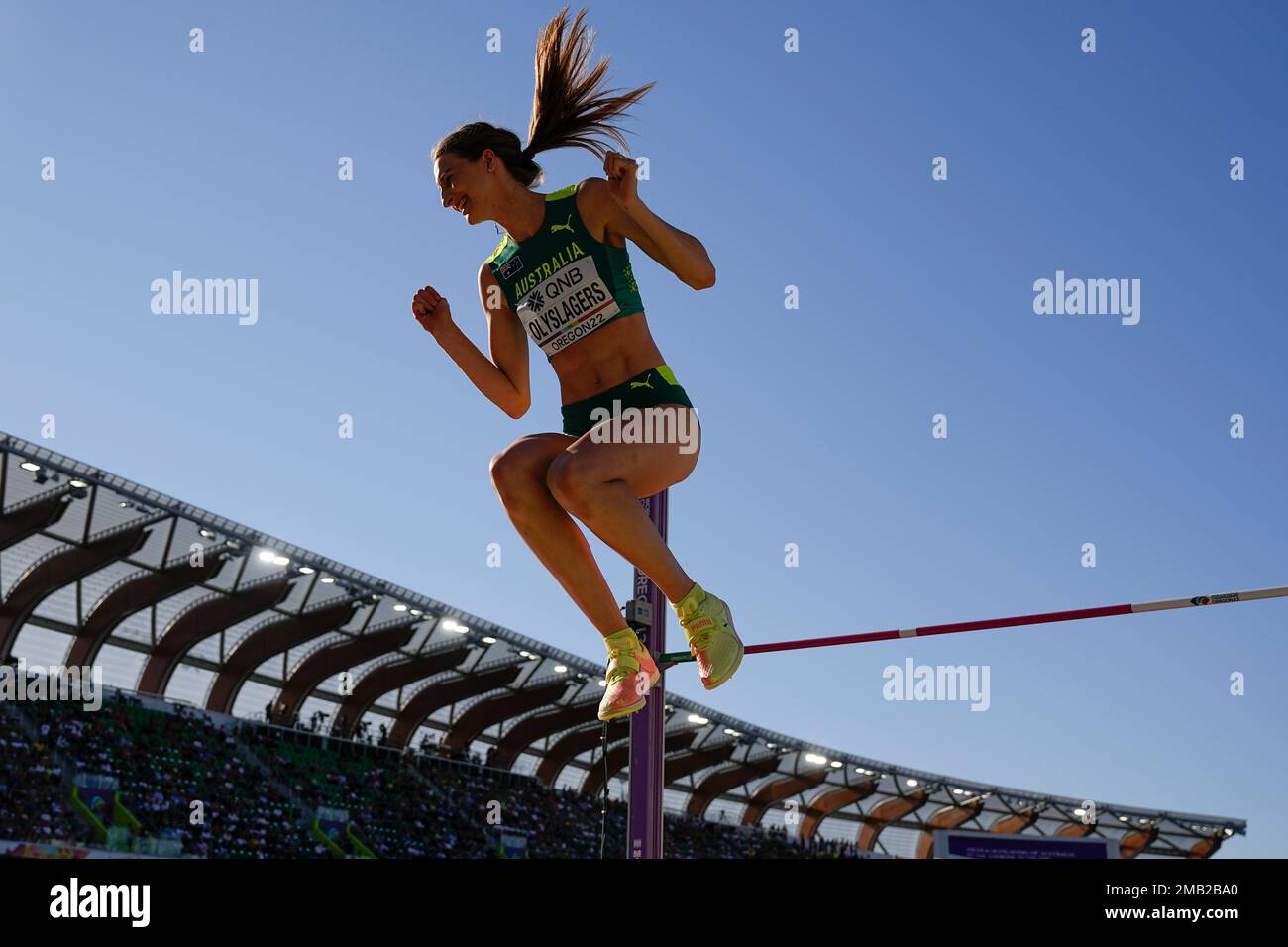Nicola Olyslagers, of Australia, competes during the women's high jump ...
