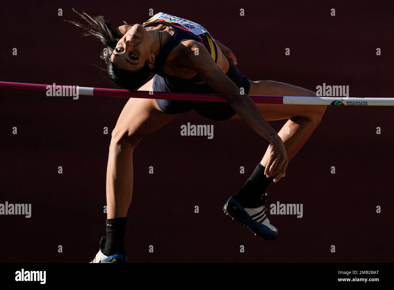 Daniela Stanciu, of Romania, reacts after her jump during the women's ...