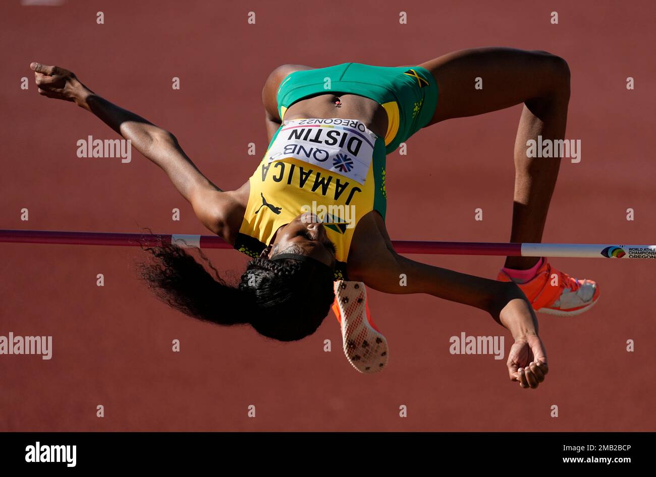 Lamara Distin, of Jamaica, competes during the women's high jump final ...