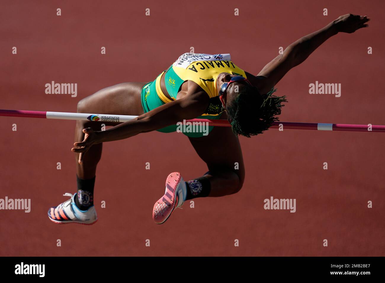 Kimberly Williamson, of Jamaica, competes during the women's high jump ...