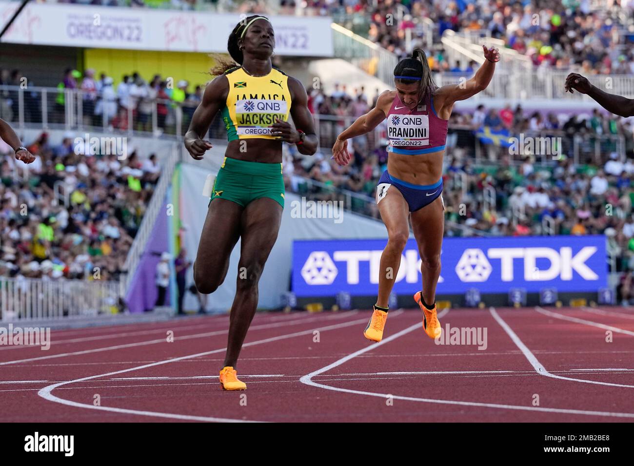 Shericka Jackson, of Jamaica, wins in a heat during the women's 200 ...