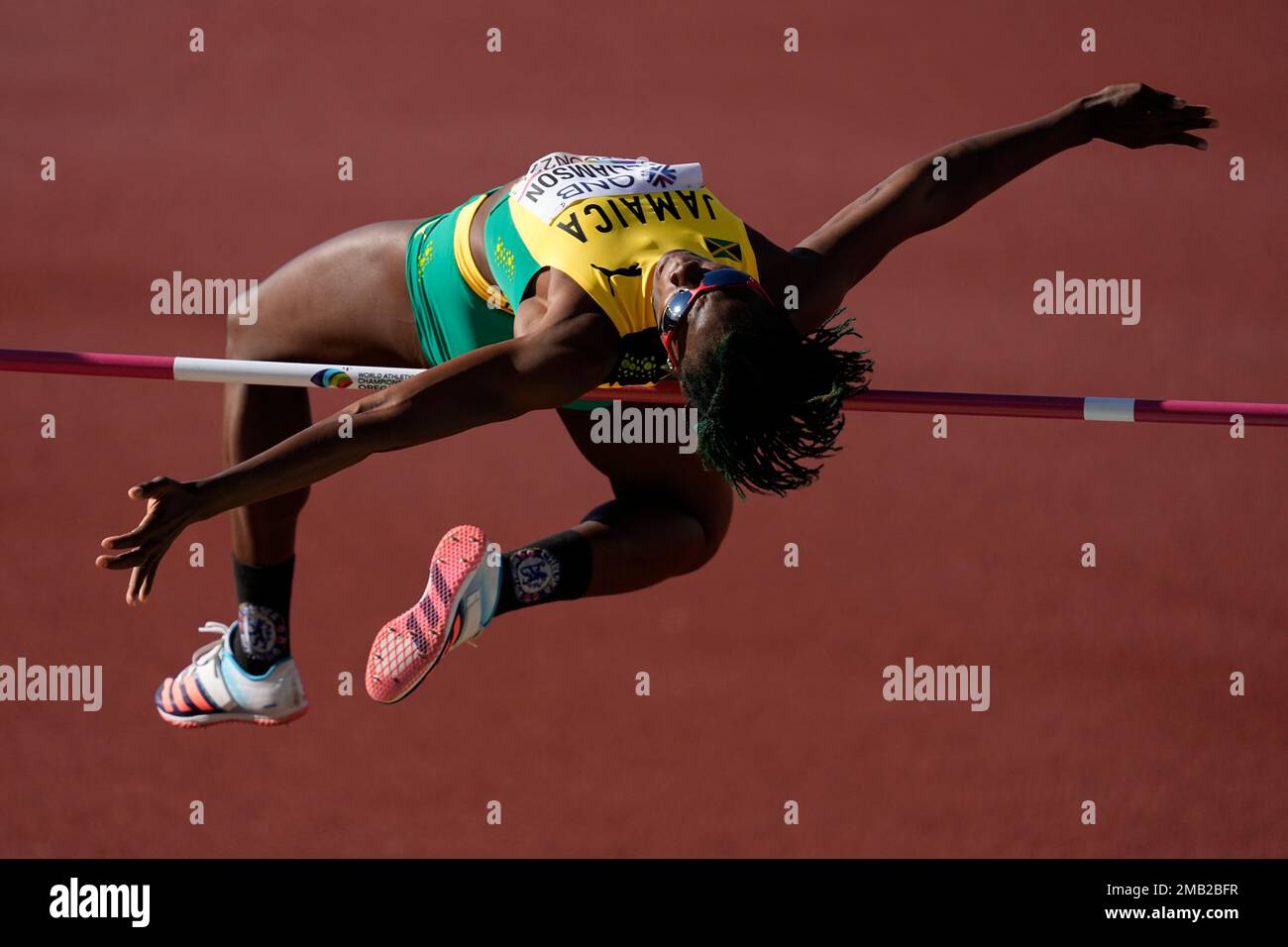 Kimberly Williamson, of Jamaica, competes during the women's high jump ...