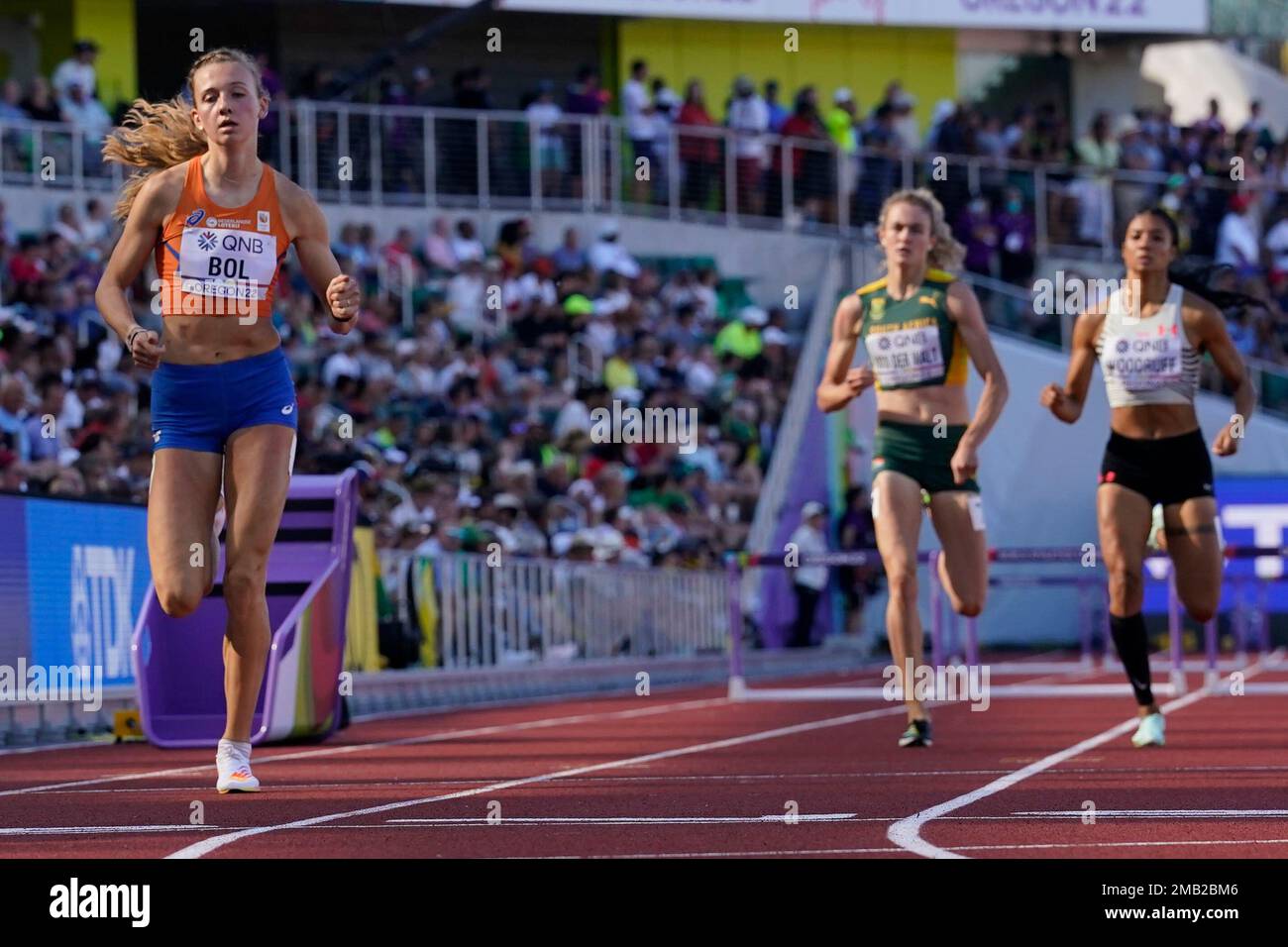 Femke Bol, of the Netherlands, wins a heat during the women's 400-meter ...