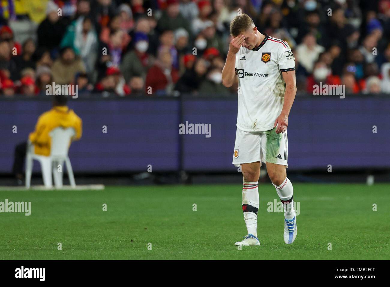 Manchester United's Will Fish reacts after he was sent off during a pre ...