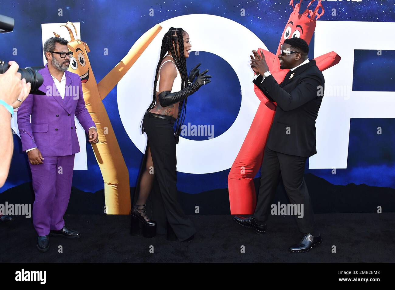 From left, Jordan Peele, Keke Palmer and Daniel Kaluuya arrive at the ...