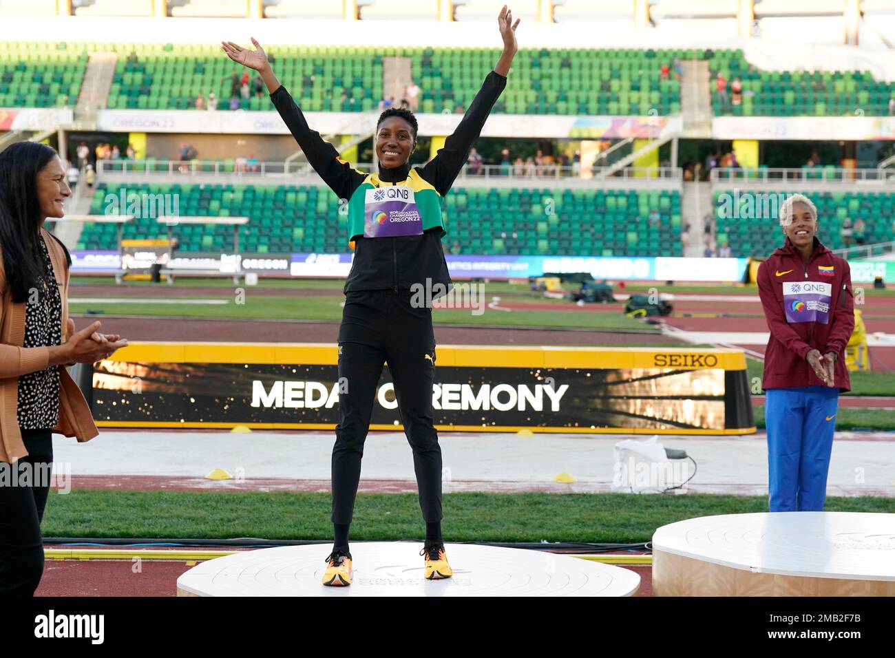 Silver medalist Shanieka Ricketts, of Jamaica, celebrates during a ...