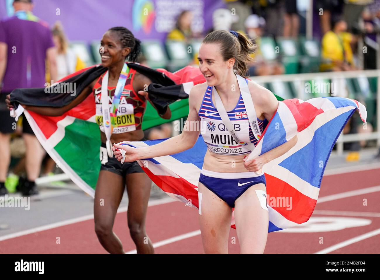 Gold medalist Faith Kipyegon, of Kenya, letf, and bronze medalist Laura ...