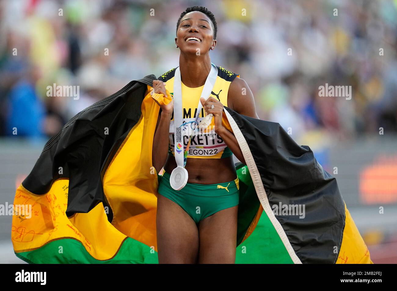 Silver medalist Shanieka Ricketts, of Jamaica, celebrates after the ...