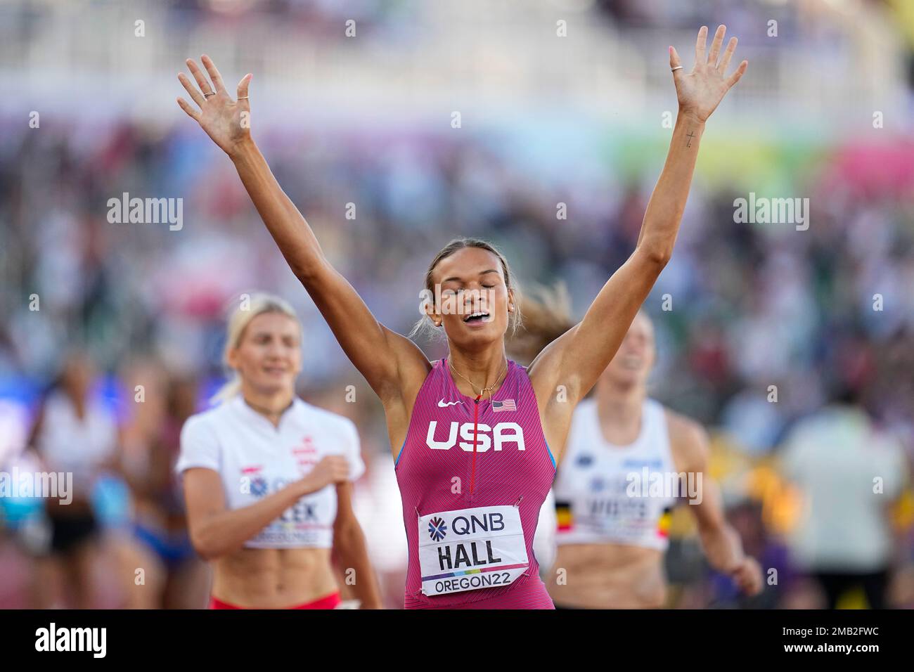 Anna Hall, of the United States, wins the heptathlon 800-meter run at ...