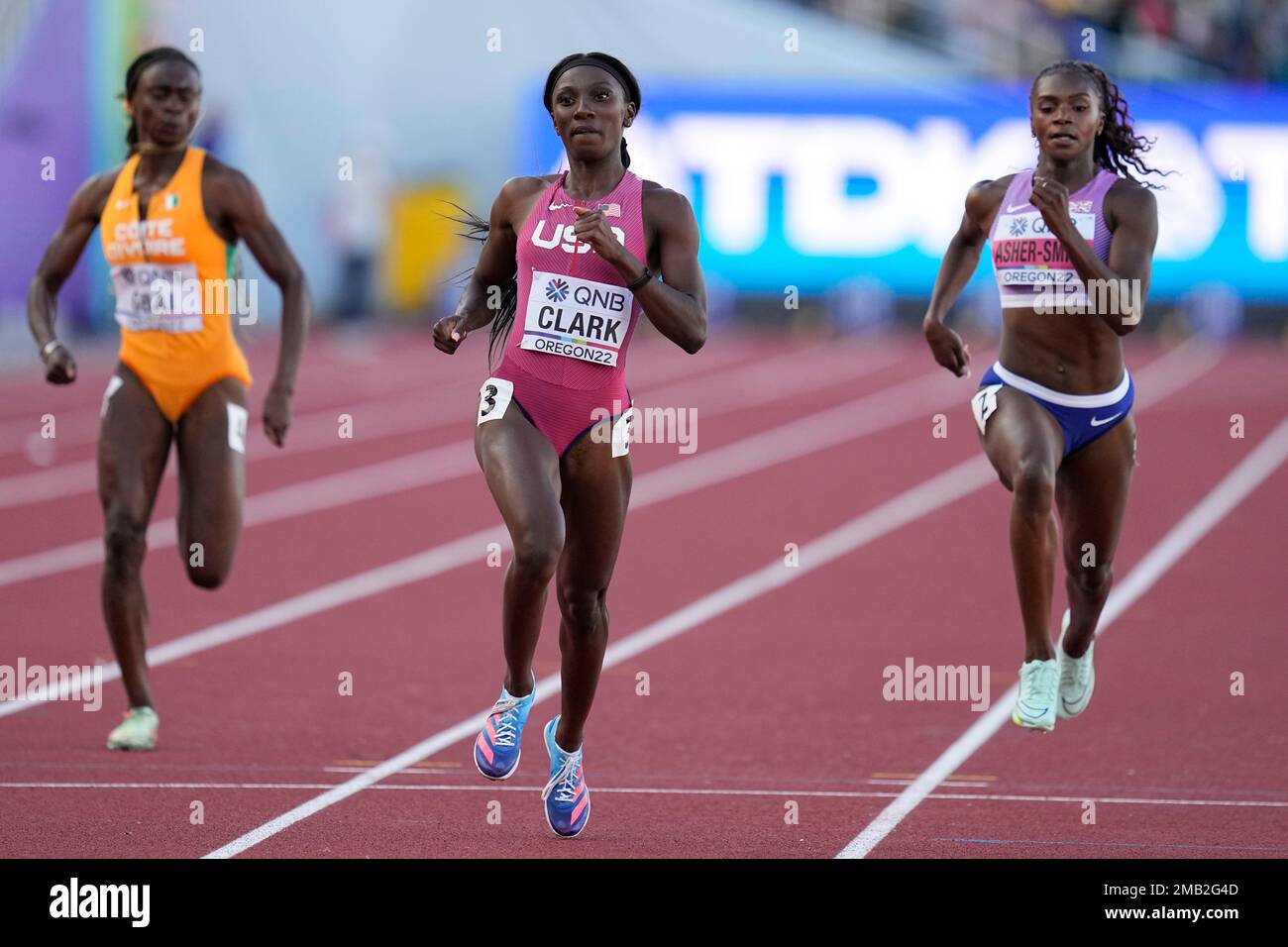 Tamara Clark, of the United States, wins a heat in the women's 200 ...