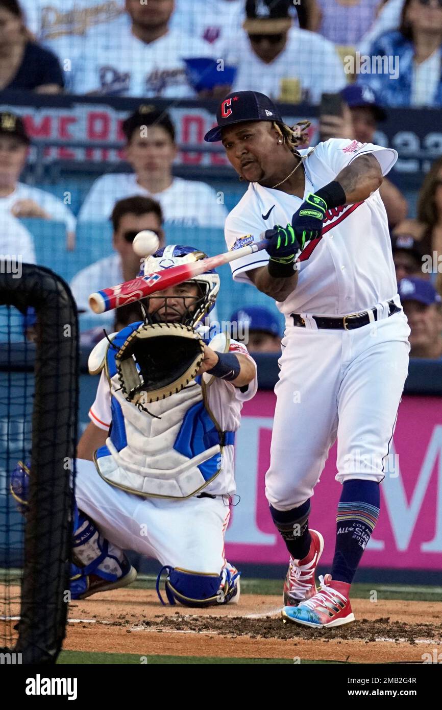 American League's Jose Ramirez, of the Cleveland Guardians, bats during ...