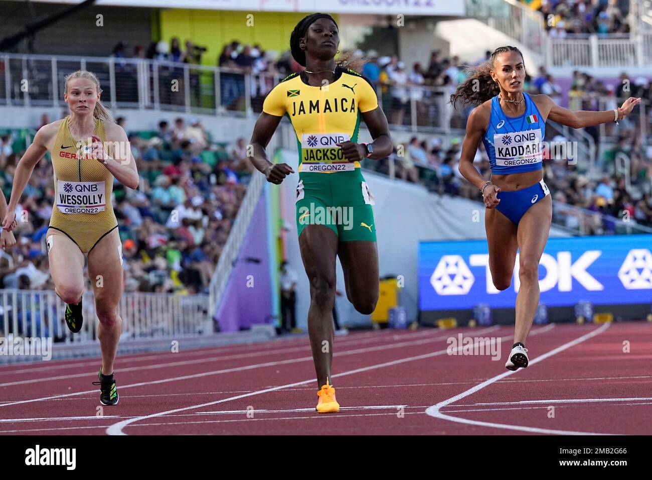 Shericka Jackson, of Jamaica, wins a heat in the women's 200-meter run ...