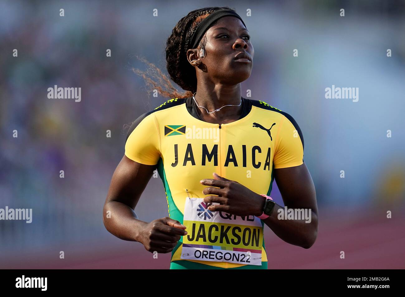 Shericka Jackson, of Jamaica, wins a heat in the women's 200-meter run ...