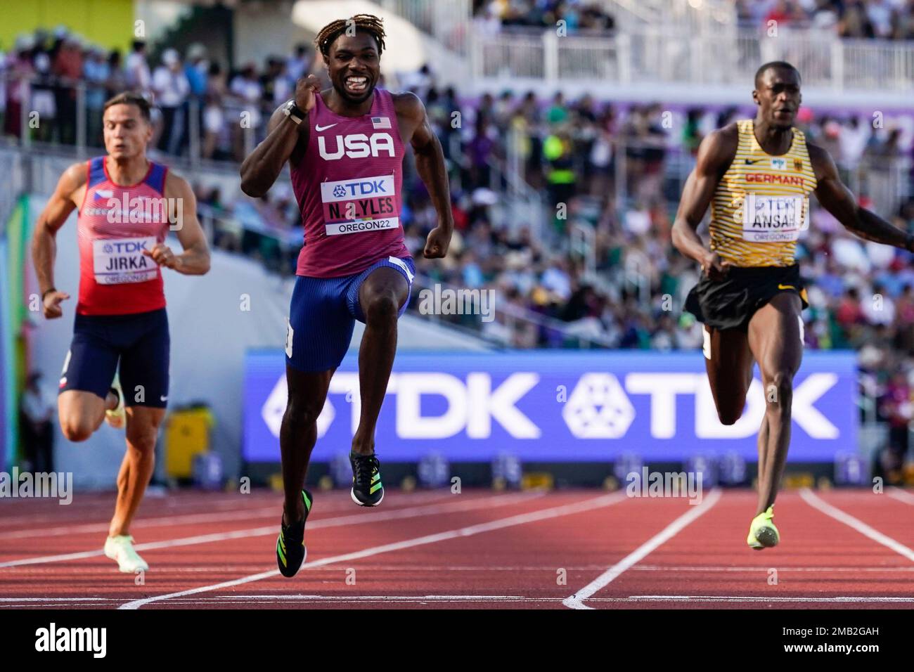Noah Lyles, of the United States, wins a heat in the men's 200-meter ...