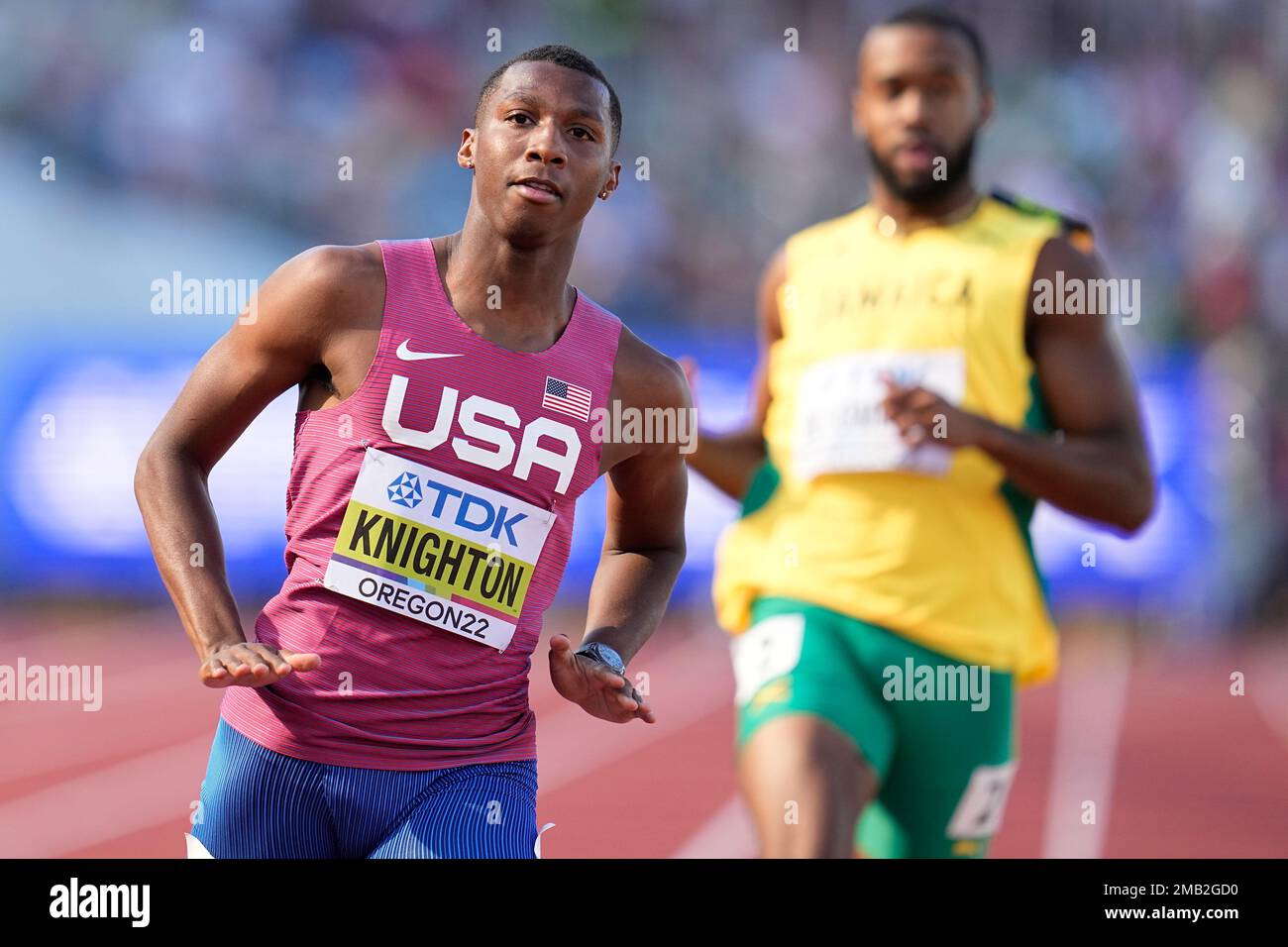 Erriyon Knighton, of the United States, wins a heat in the men's 200 ...