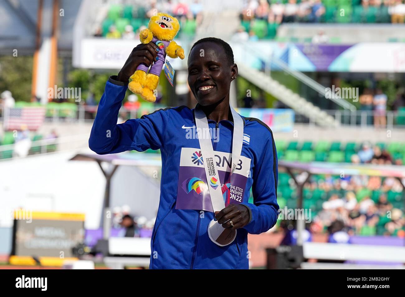 Bronze medalist Lonah Chemtai Salpeter, of Israel, poses during a medal ...